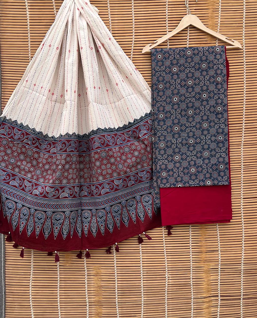 Pure Cotton Azrakh Print Unstitched suit With katha work Dupatta ...