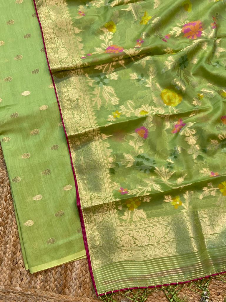 Pure Banarasi Chanderi Silk Buti Work Unstitched Suit With Banarasi Ge ...