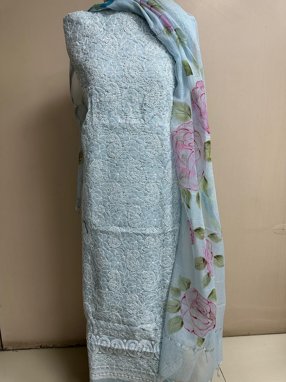 Pure Cotton Chikankari Work Unstitched Suit With Hand Print Kota Doriy ...