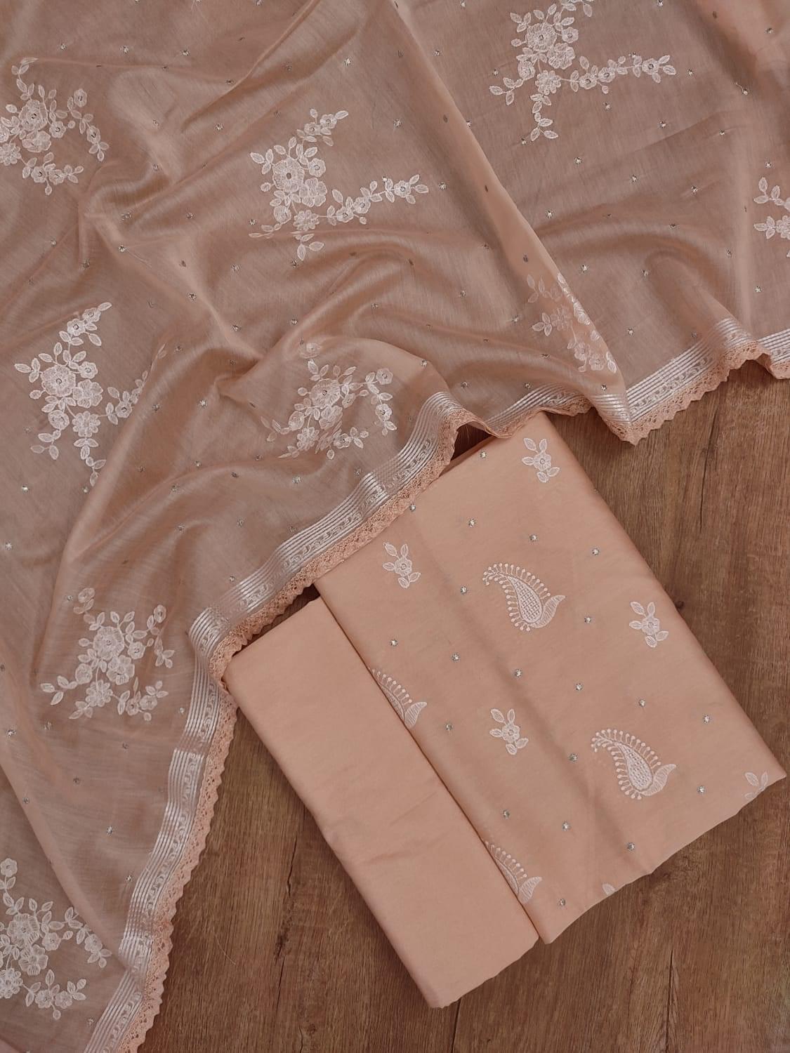 Banarasi Chanderi Silk Chikankari Work Unstitched Suit With Chanderi S ...