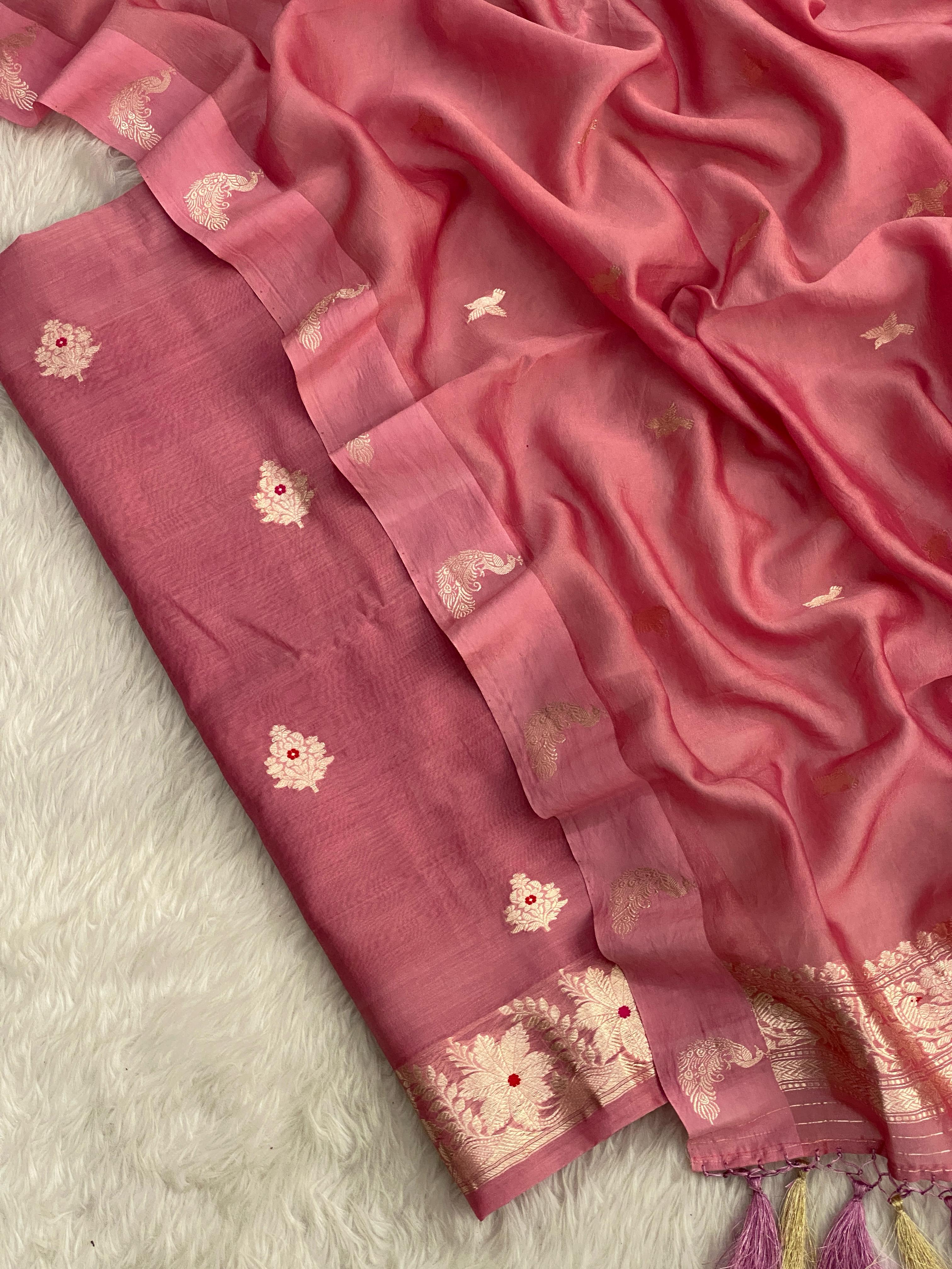 Pure Banarasi Chanderi Silk Khadwa Buti Work Unstitched Suit with Kora ...