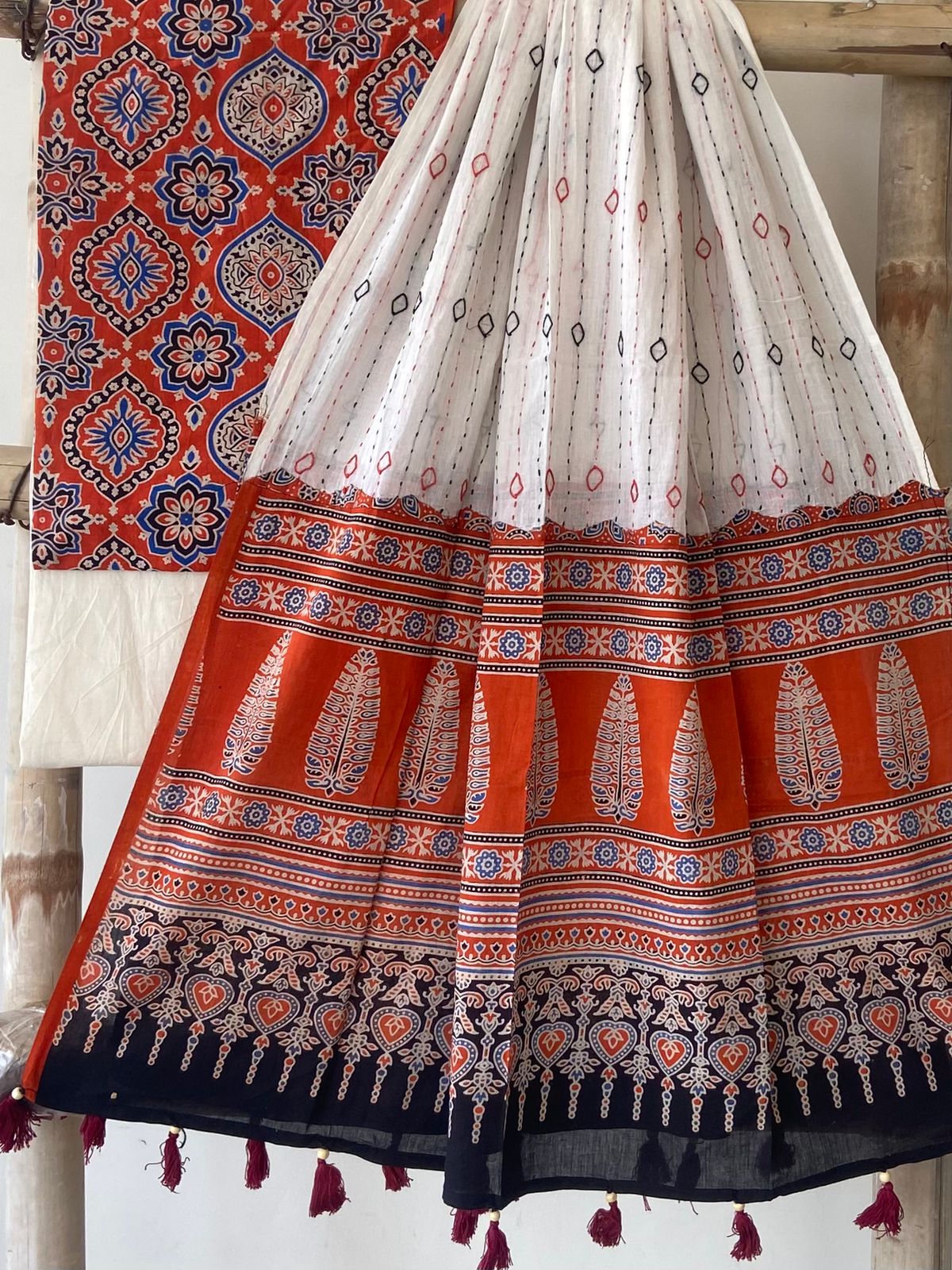Pure Cotton Azrakh Print Unstitched suit With katha work Dupatta – fab ...