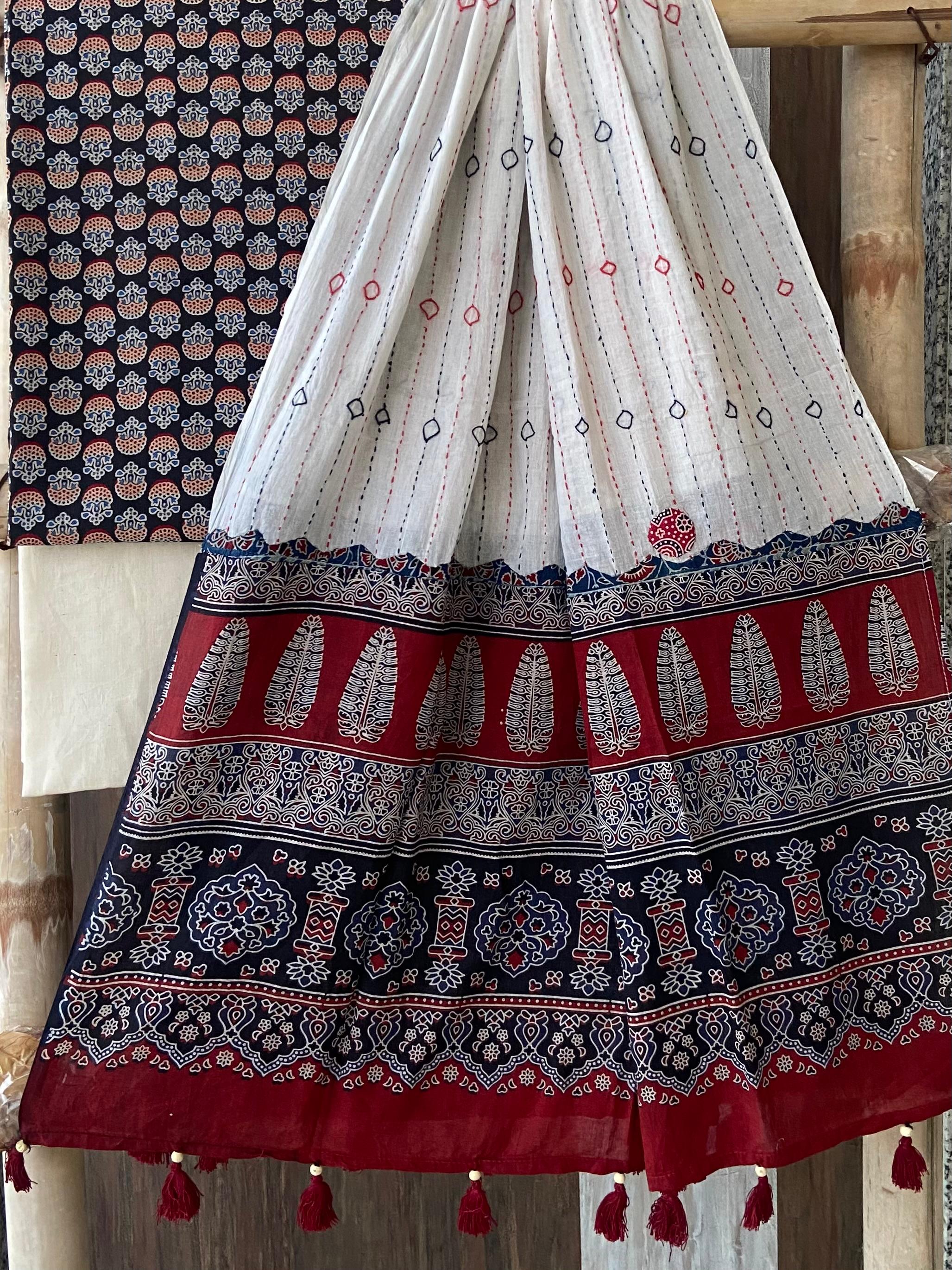 Pure Cotton Azrakh Print Unstitched suit With katha work Dupatta – fab ...