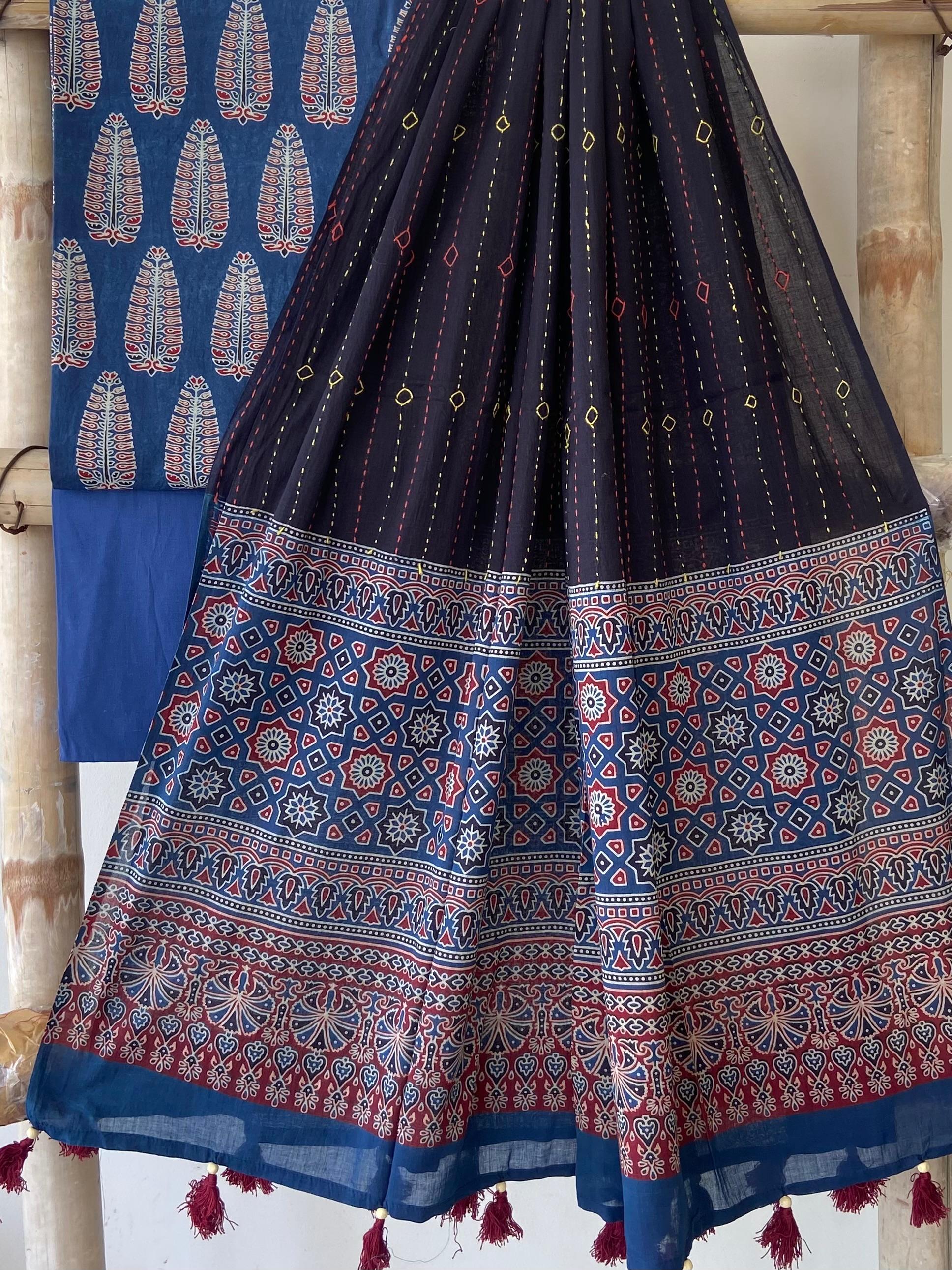 Pure Cotton Azrakh Print Unstitched suit With katha work Dupatta – fab ...