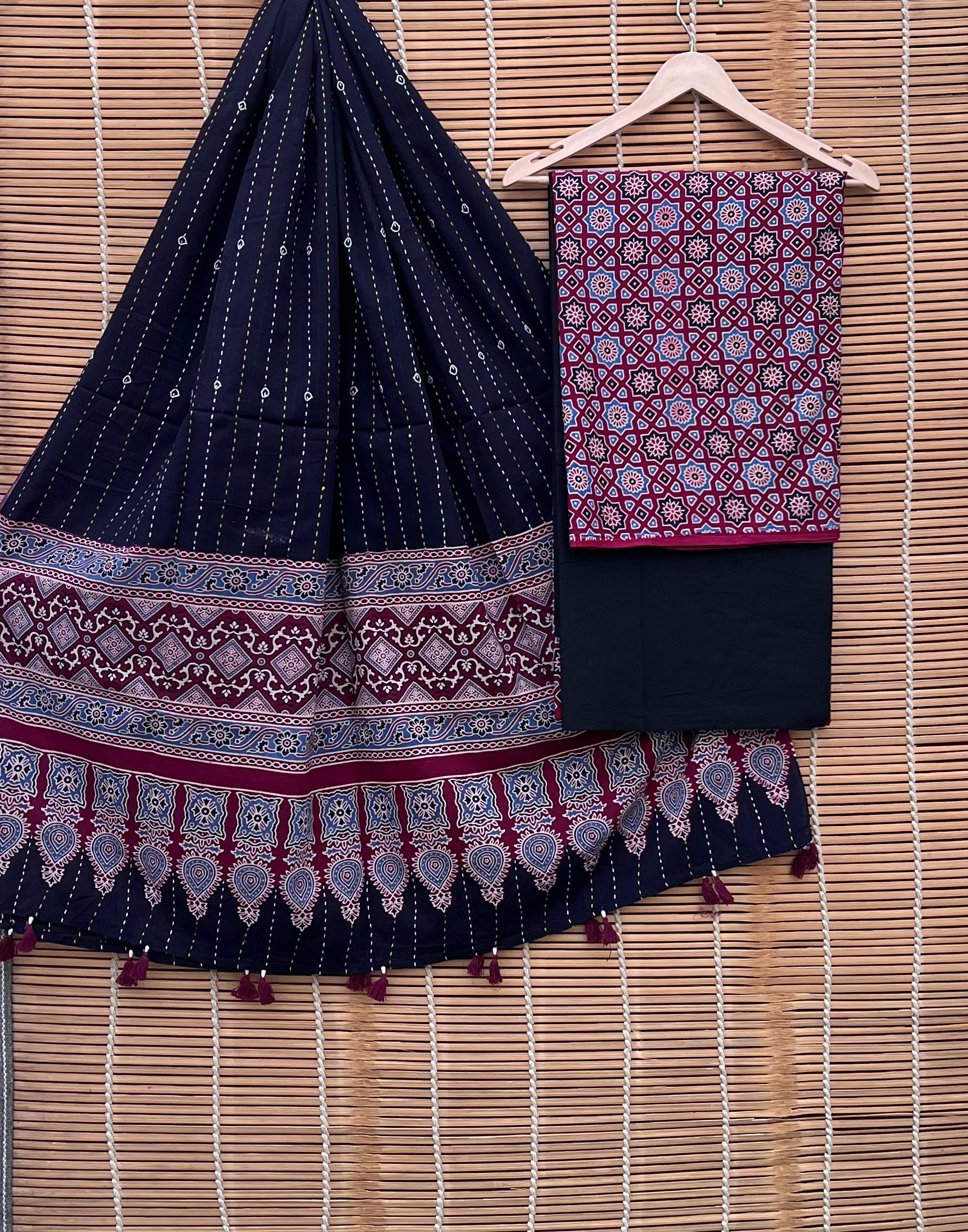 Pure Cotton Azrakh Print Unstitched suit With katha work Dupatta – fab ...