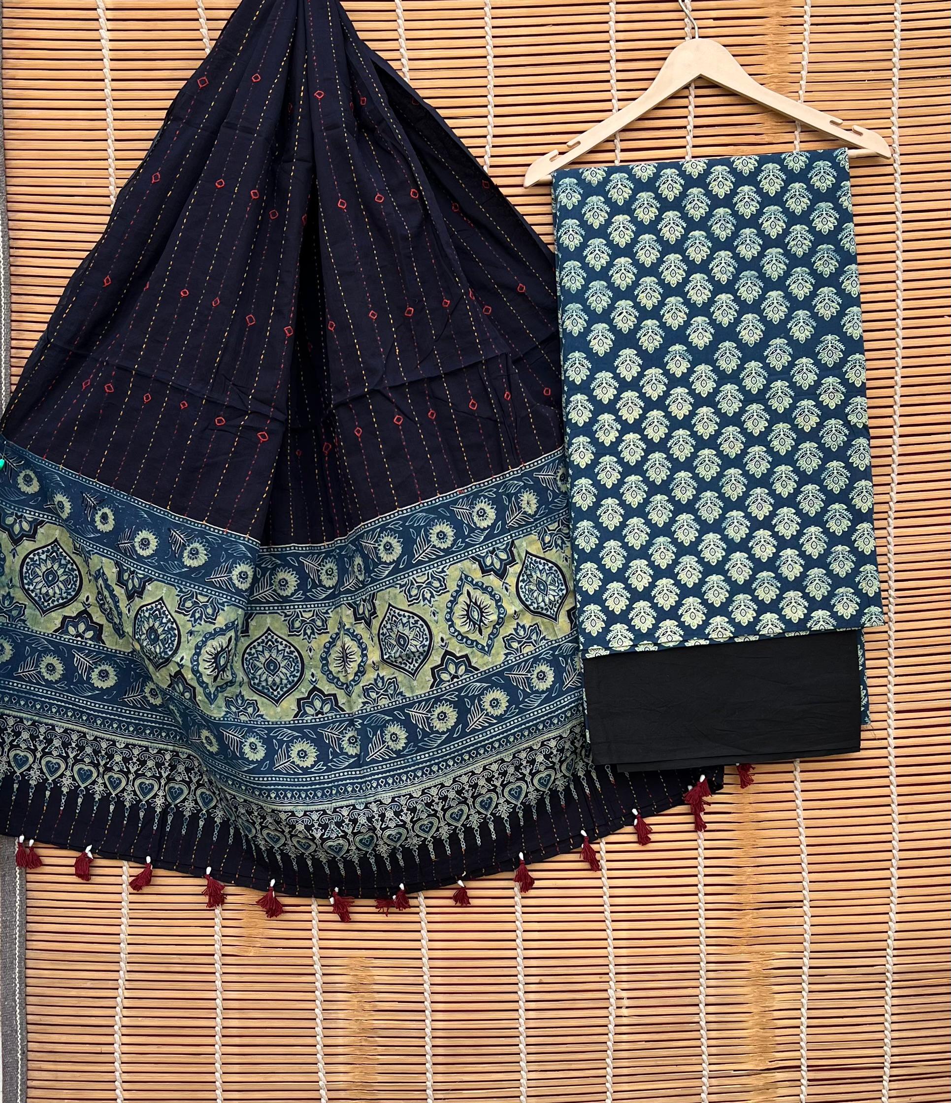 Pure Cotton Azrakh Print Unstitched suit With katha work Dupatta – fab ...