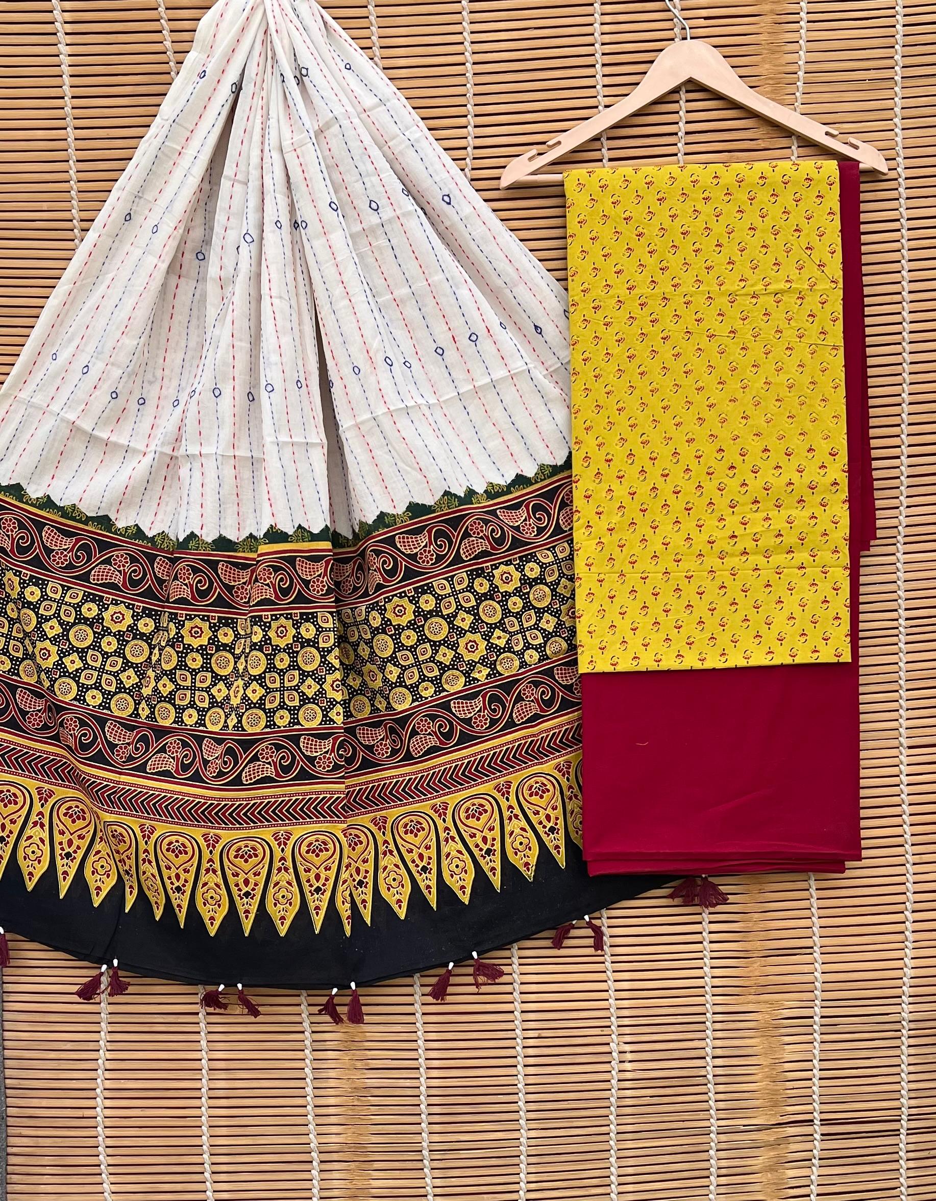 Pure Cotton Azrakh Print Unstitched suit With katha work Dupatta – fab ...
