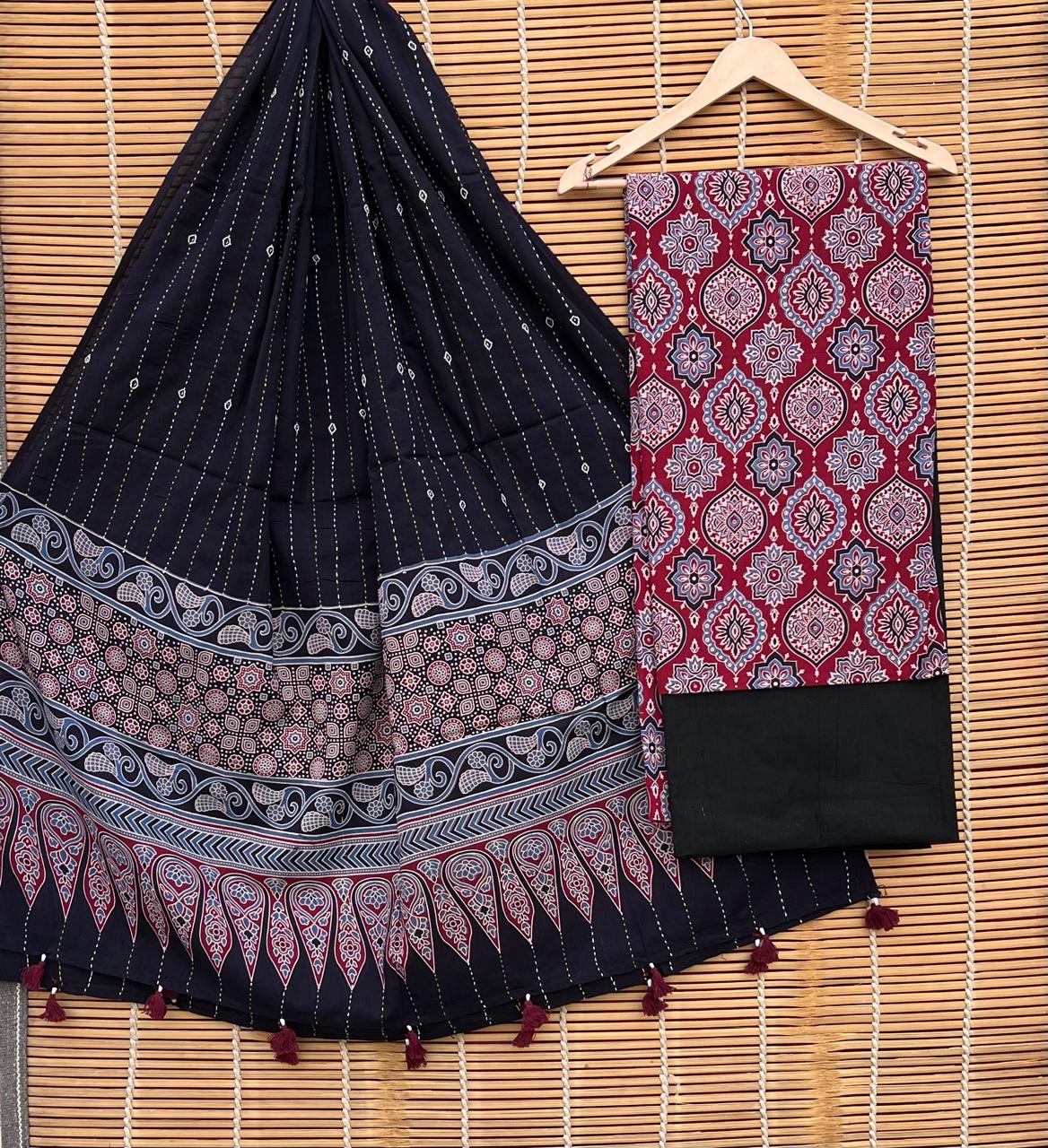 Pure Cotton Azrakh Print Unstitched suit With katha work Dupatta ...