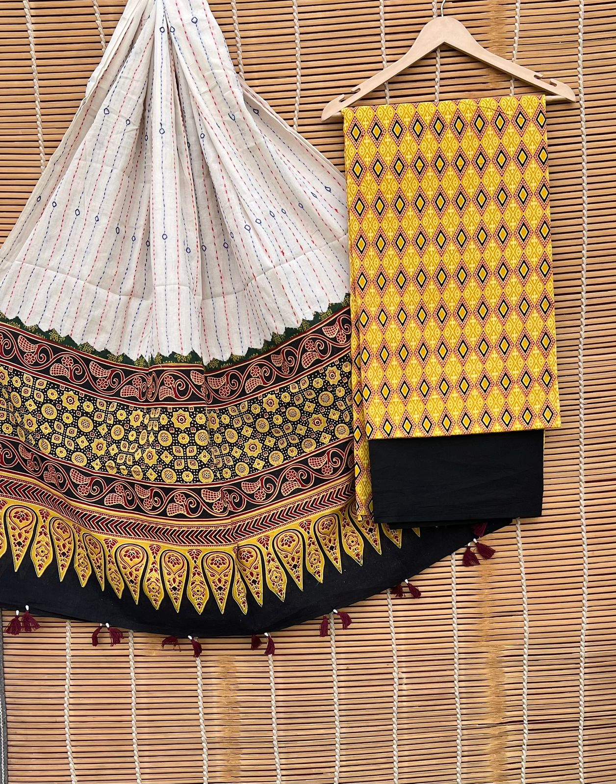 Pure Cotton Azrakh Print Unstitched suit With katha work Dupatta ...