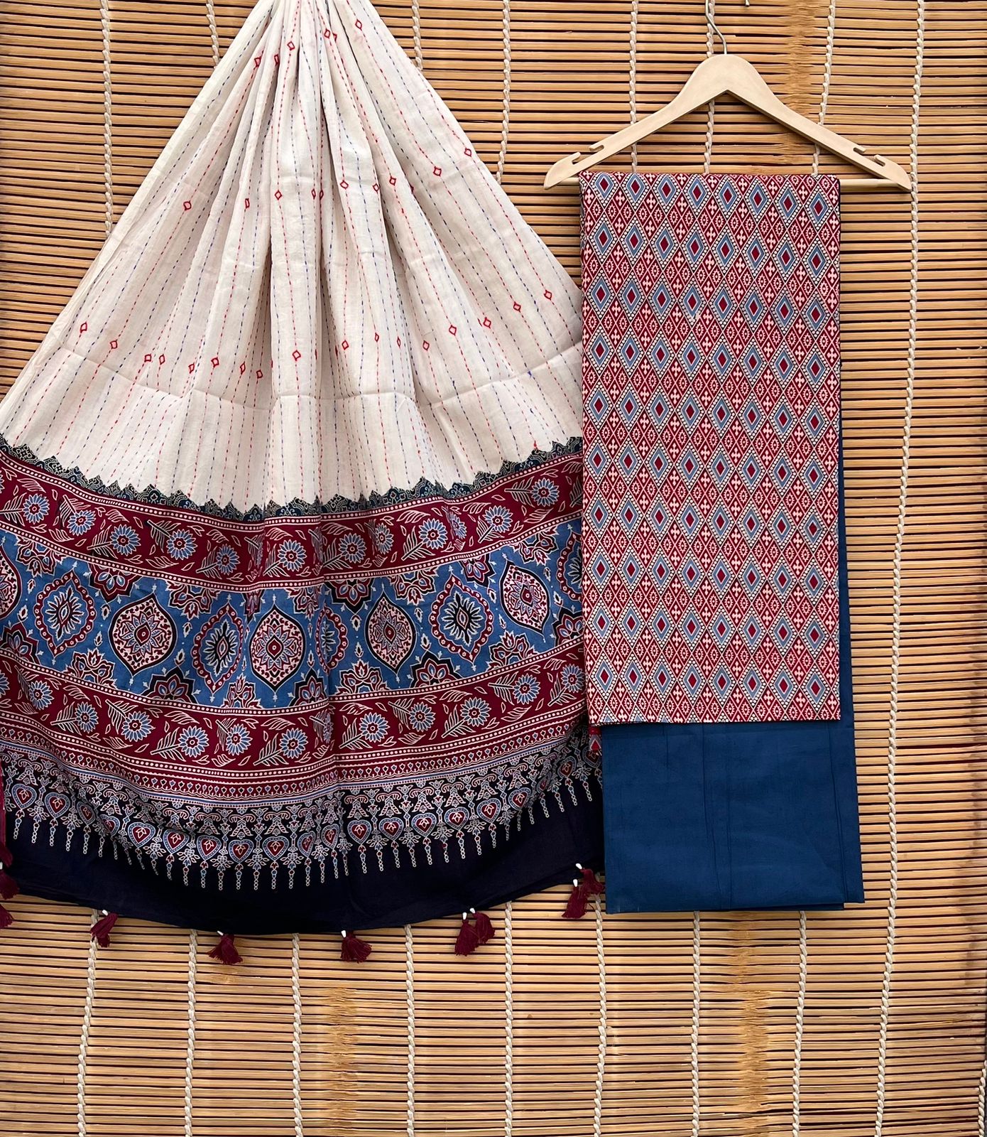 Pure Cotton Azrakh Print Unstitched suit With katha work Dupatta ...