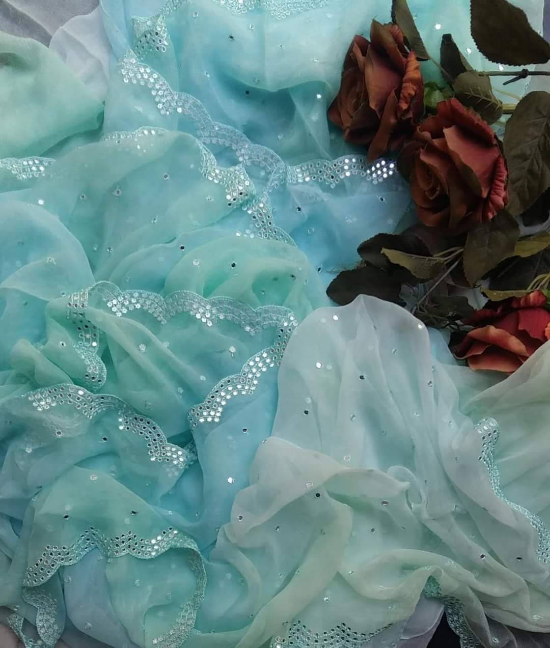 Pure Chiffon Pachrangi Color With Patra Hand Work With Cut Work Border ...