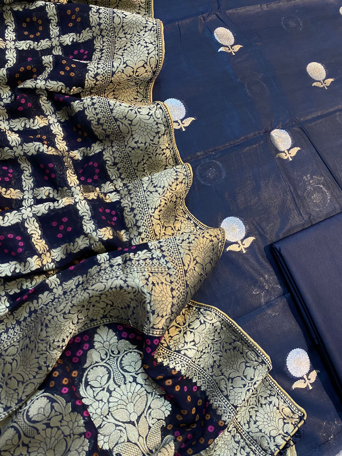 Pure Banarasi Chanderi Silk Buti Work Unstitched Suit With Banarasi Ge ...
