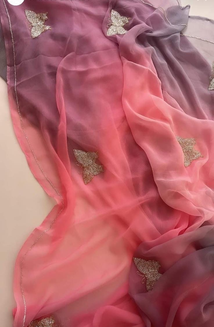 Pure Dimond Chiffon Sequence & Pearl Hand Work Saree With Running Blou ...